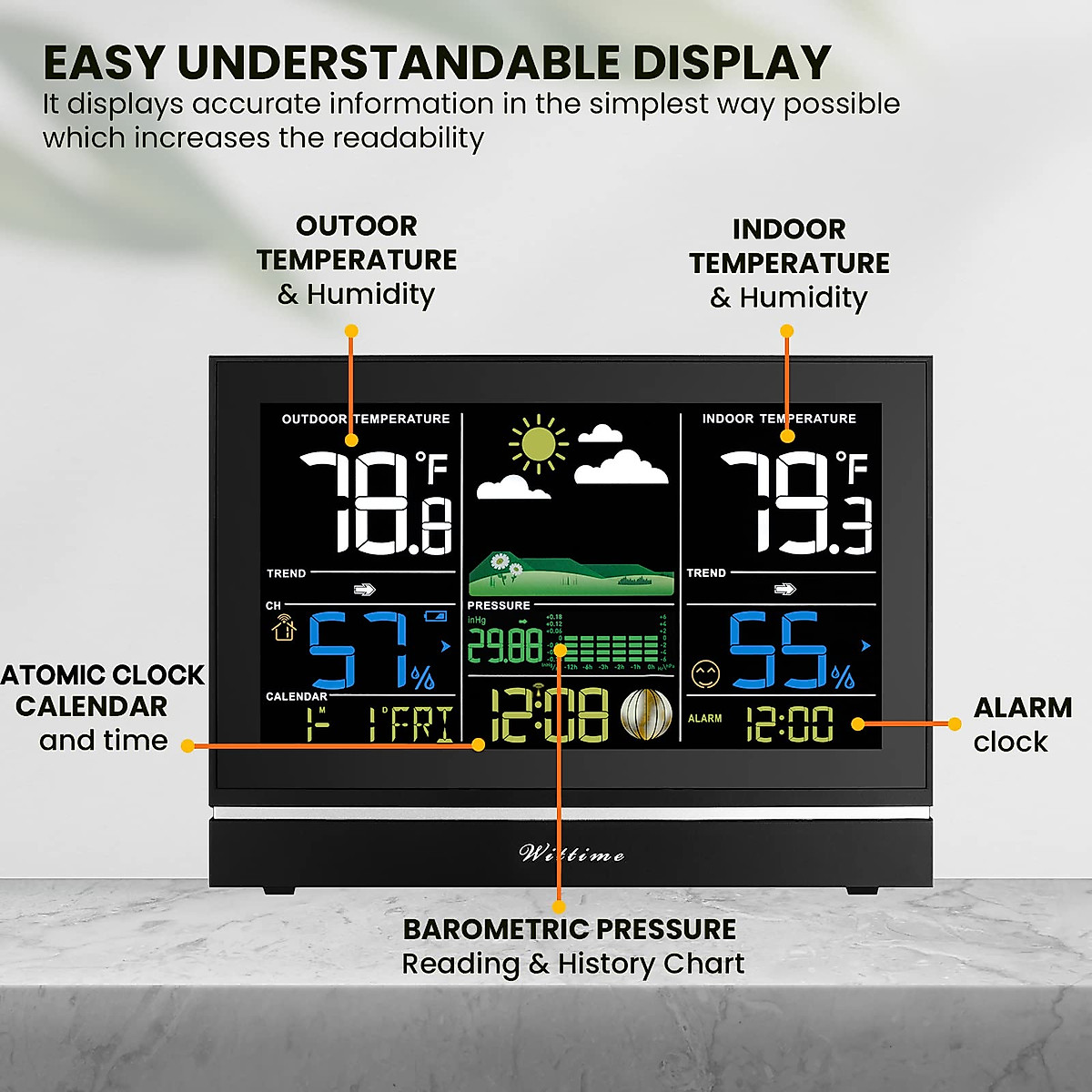 Wittime 2076B Weather Station with Atomic Clock Wireless Indoor Outdoor Thermometer Temperature and Humidity Monitor Inside Outside Barometer with Temp Sensor