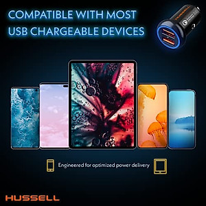 Hussell Car Charger Adapter for Cigarette Lighter - Fast Charge, Mini, Aluminum, Portable 3.0 Car Chargers with Dual USB Ports - Compatible with iPhone, Android, Samsung Galaxy - Stocking Stuffers