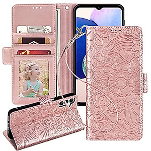 Bizzib for Samaung Galaxy A14 5G Case Wallet,Embossed Mandala Floral Leather Folio Flip Wristlet Shockproof Protective ID Credit Card Slot Holder Cover for Girl Compatible with Galaxy A14 5G-Rose Gold