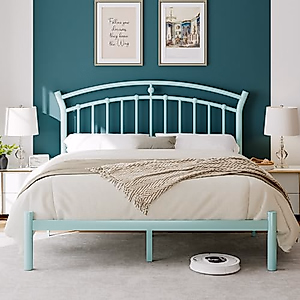 iPormis Full Size Metal Platform Bed Frame with Modern Iron-Art Headboard/Heavy Duty Steel Slats Support/Under Bed Storage/No Box Spring Needed/Easy Assembly/Noise-Free/Mint Green
