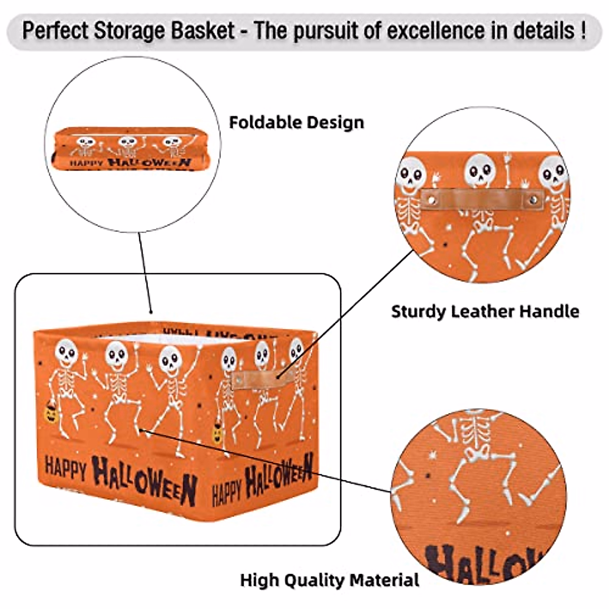 Pardick Happy Halloween Large Collapsible Storage Bins ,Danc Skull Decorative Canvas Fabric Storage Boxes Organizer with Handles，Rectangular Baskets Bin for Home Shelves Closet Nursery Gifts