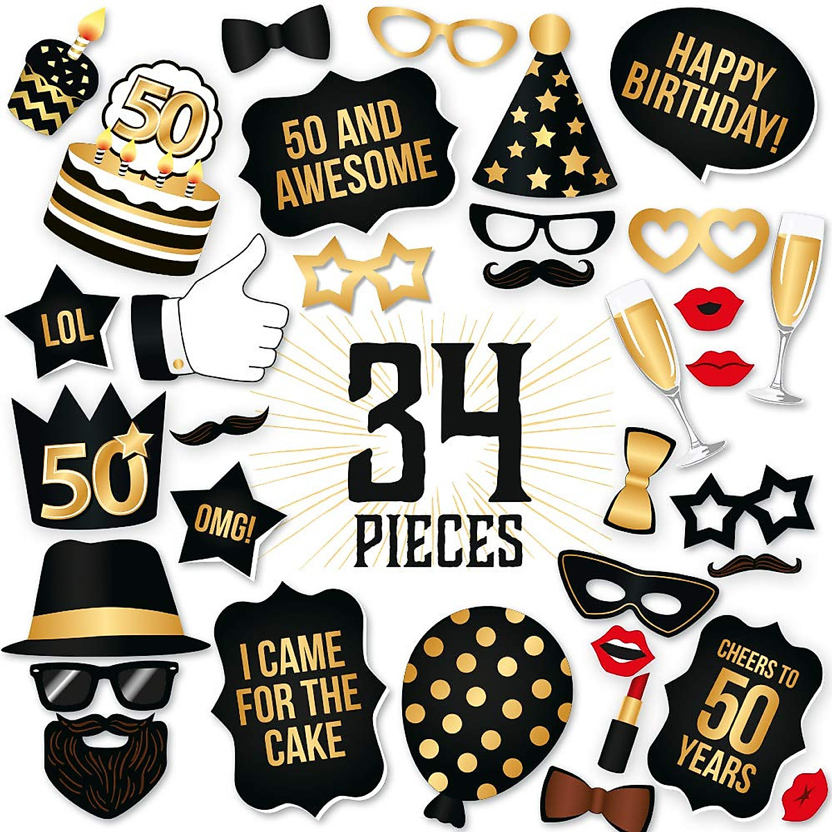 50th Birthday Photo Booth Props – Fabulous Fifty Party Decoration Supplies for Him &Her, Funny Fiftieth Bday Photobooth Backdrop Signs for Men and Women, Black and Gold Décor Ideas – 34 Pieces