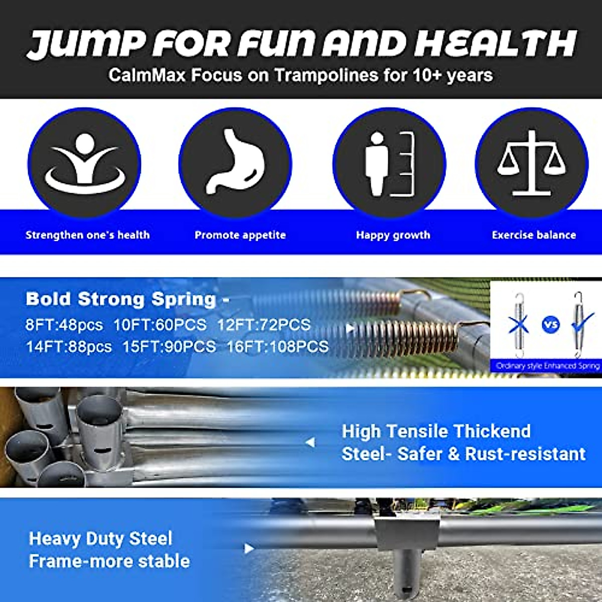 CalmMax Trampoline 12FT Jump Recreational Trampolines with Enclosure Net - ASTM Approved - Combo Bounce Outdoor Trampoline for Kids Family Happy Time