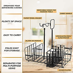 Utensil Caddy (Foldable) - Upgrade with Removable Hooks - Silverware, Plate, Napkin Storage Organizer, Paper Towel Holder and Handle, Utensil Holder for Camping, Picnic, Buffet, Grill, BBQ Parties