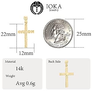 Ioka - 14K Yellow Gold Small Cross Pendant Religious Charm Thin Pendant For Necklace or Chain