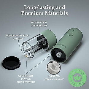 Electric Salt and Pepper Grinder Set, USB Rechargeable, Automatic Salt and Pepper Mill Grinder with Adjustable Coarseness, Electric Salt Shakers, LED Light, Refillable, Kitchen Gadgets (2 Packs, Sage)