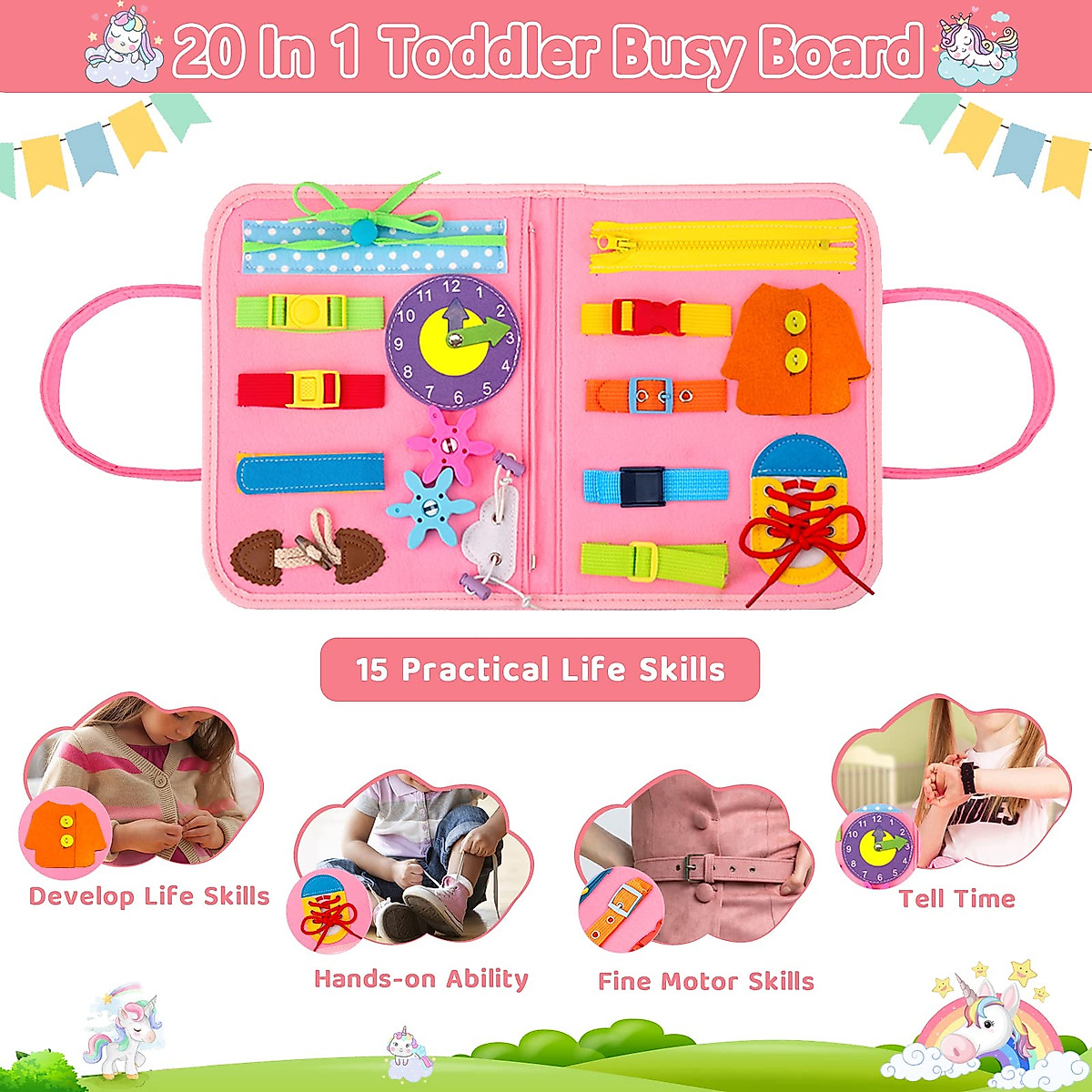 SPLAKS Toddler Busy Board with DIY Page, 20 in 1 Montessori Toys Sensory Activity Toys Preschool Educational Toys to Learn Basic Skills, for Airplane Car Travel (Pink)