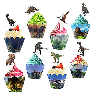 Dinosaur Cupcake Toppers and Wrappers 48 pcs Jurassic Park Cupcake Toppers for Dinosaur Themed Birthday Party