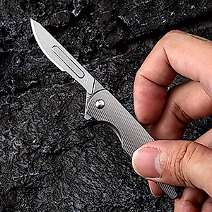 OLITANS T077 Folding Scalpel Mini Pocket knife with 10pcs #24 Replaceable Blade, CNC Machined Tc4 Handles Frame Lock Pocket Clip, 1.02oz