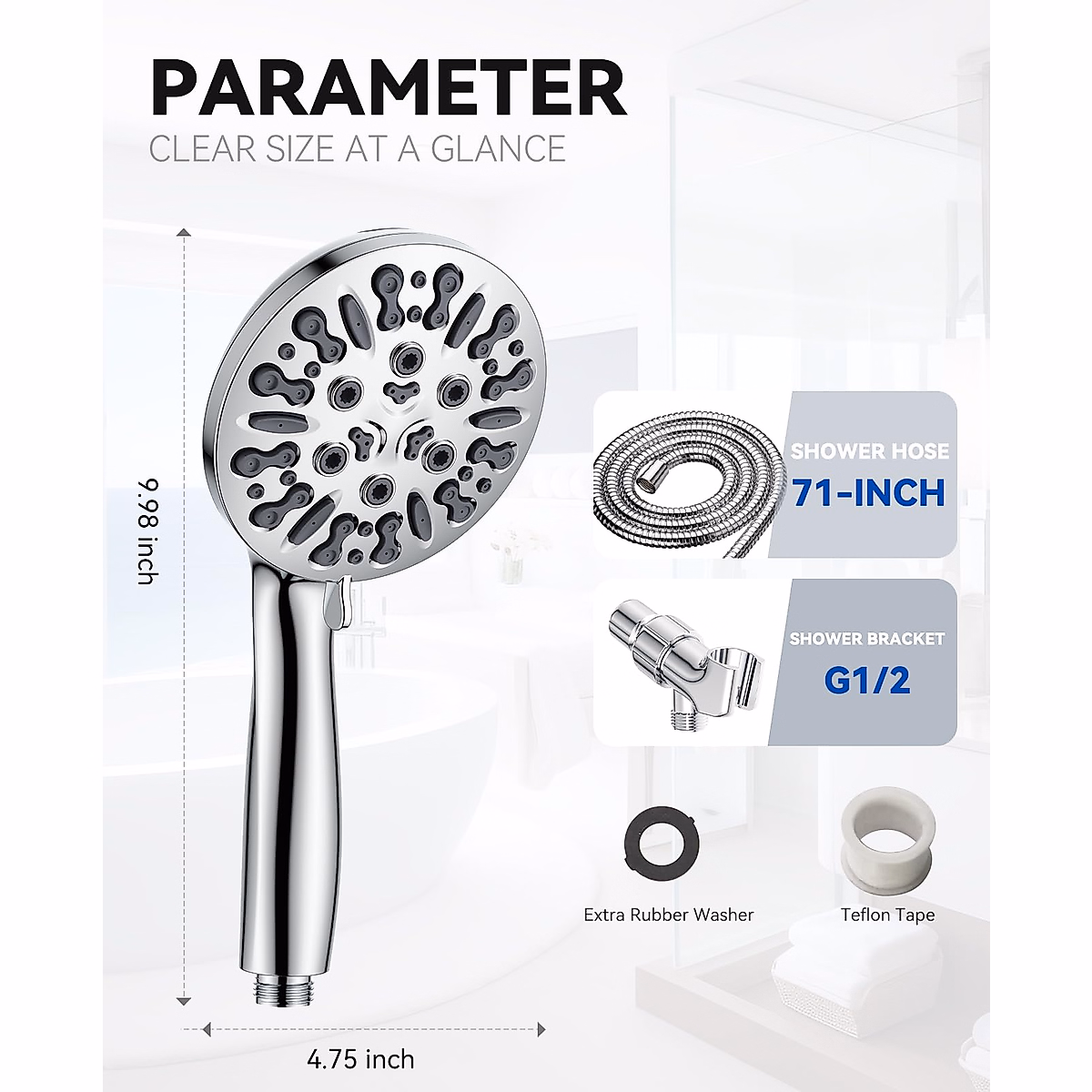 JDO Shower Head with Handheld, High Pressure Handheld Shower Head 9 Settings, Detachable Shower Head Set with Stainless Steel Hose and Shower Bracket (Chrome)