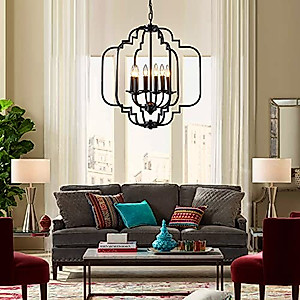 Saint Mossi Black Farmhouse Chandelier with 6 Lights,Lantern Metal Pendant Lighting for Dining Room,Living Room,Kitchen,Foyer,W23 x H26 with Adjustable Chain