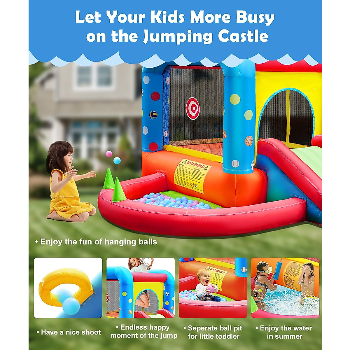 Step4Fun Inflatable Bounce House, Kids Castle Slide Bouncer for Children Jumping Outdoor and Indoor Party, Baby Backyard Water Jumper Toy with Blower, Ball Pit Pool, Ideal Gifts（112 x 98 x 65”）