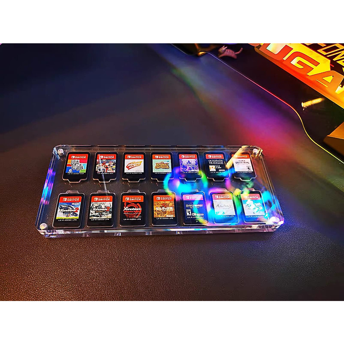 X-Richmen 14 in 1 Game Card Case for Nintendo Switch Acrylic Storage Box Transparent Display Cabinet of Switch Game Card Cartridge, Gift Box of Mario Mushroom Red and Blue Thumb Grip 2PCS