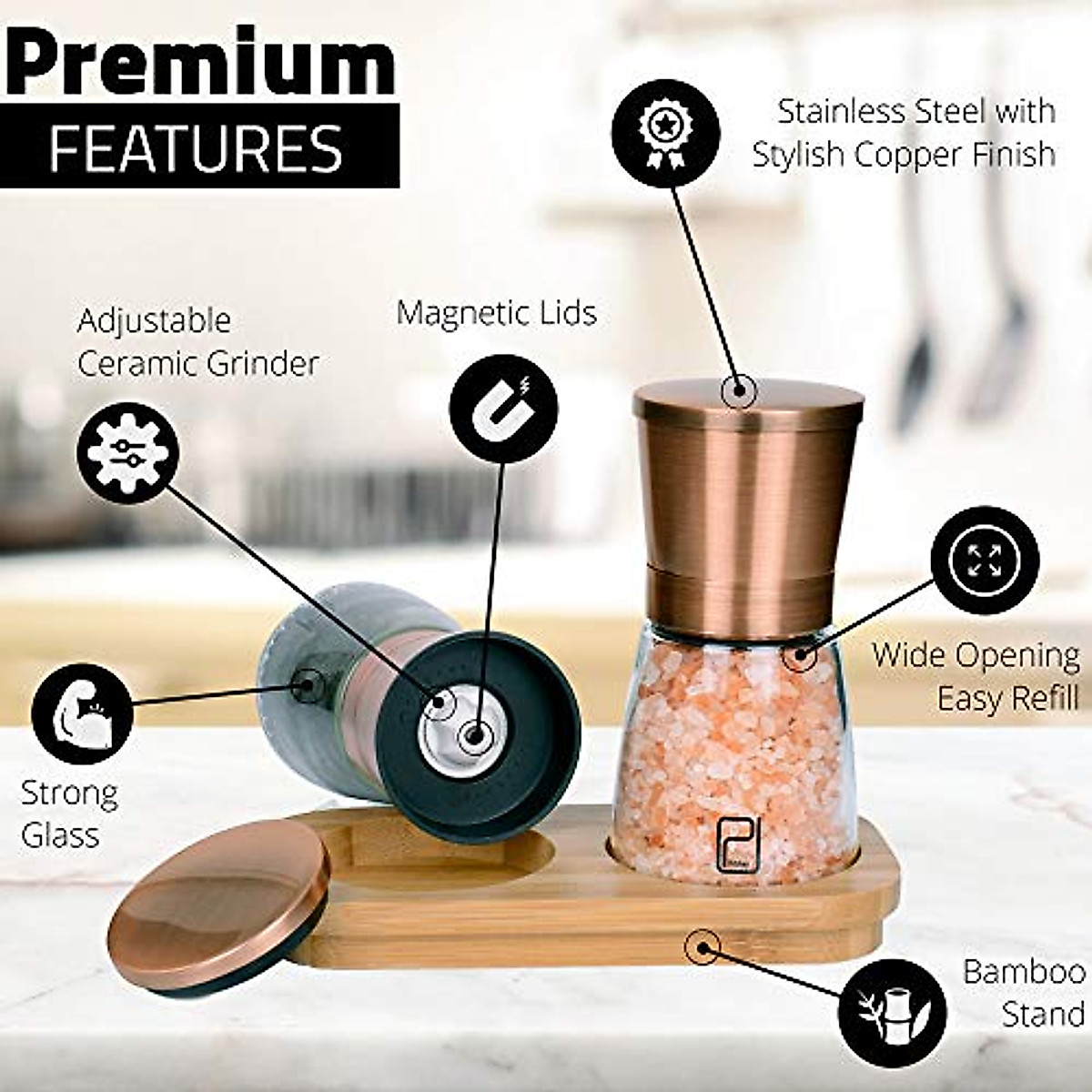Premium Salt and Pepper Grinder Set - Best Copper Stainless Steel Mill for Home Chef, Magnetic Lids, Smooth Ceramic Spice Grinders with Easy Adjustable Coarseness, Top Salt and Pepper Shakers - 6 Oz