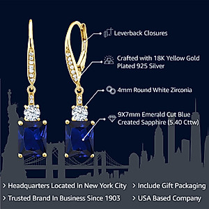 Gem Stone King 18K Yellow Gold Plated Silver Blue Created Sapphire Dangle Earrings For Women (5.40 Cttw, Gemstone September Birthstone, Octagon 9X7MM)