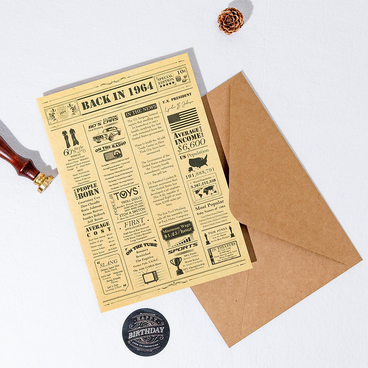 Crisky 60th Birthday Gift Wrap Bag Vintage 1964 with 60th Birthday Card Matching Envelope Sticker and Tissue Paper for Women/Men/Wife/Husband/Mom/Dad, 13" x 10" x 5"