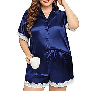 SWOMOG Women Plus Size Pajama Set Silk Satin Lounge Set Short Sleeve 2 Pcs Ladies Pj Sets Button Down Lace Trim Sleepwear with Shorts Navy Blue