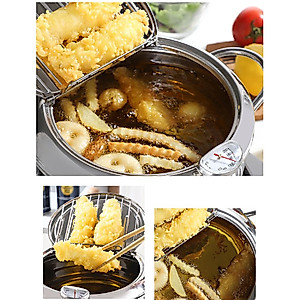Deep Fryer Pot, Japanese Style Tempura Deep Fryer Frying Pot With Thermometer, Lid, Oil Drip Drainer Rack for French Fries Fish Shrimp Chicken 7.9 Inch/2.2 L 304 Stainless Steel Gifts