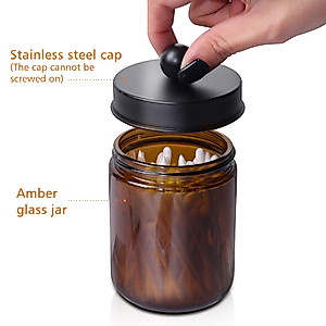 UrSpeedtekLive Bathroom Accessory Set 5 Pcs, 2 Pcs 16oz Amber Glass Soap Dispensers with Stainless Steel Pumps, 2 Pcs Qtip Holder Dispensers with Waterproof Labels & Bamboo Tray