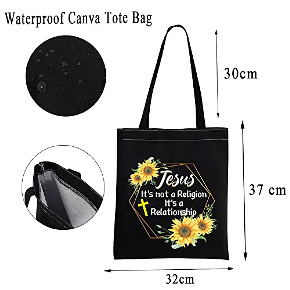 MBMSO Jesus Tote Bag It's Not a Religion It's a Relationship Shoulder Bag Christian Sunflower Gifts Religious Shopping Bags (Jesus TB-black)