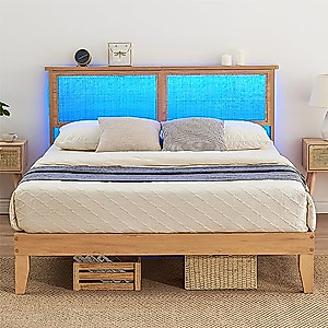 GAOMON 12.4 Inch Deluxe Solid Wood Queen Bed Frame with Natural Rattan Headboard, Queen Size Platform Bed Frame with LED Lights, Mattress Foundation, Noise-Free, No Box Spring Needed