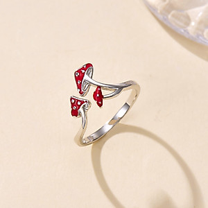 Cute Mushroom Gifts for Women - 925 Sterling Silver Magical Red Mushroom Ring Gifts for Women