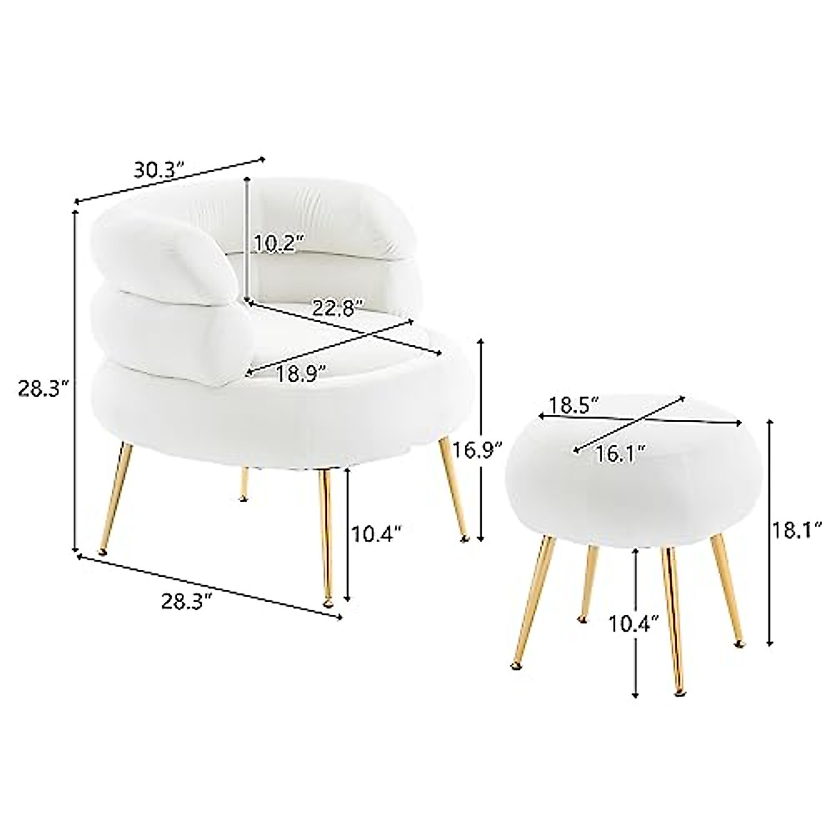 Modern Accent Chair with Ottoman - Barrel Chair with Golden Metal Legs - Velvet Single Sofa Reading Chair - Upholstered Tufted Lounge Chair - Armchair with Footrest for Bedroom Living Room - Beige