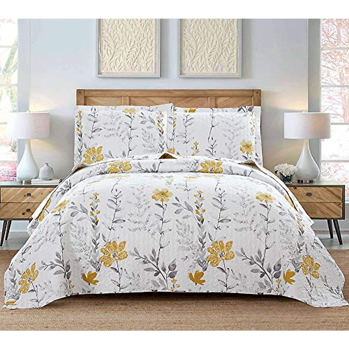 Quilt Set King Floral Bedspread Coverlet King Floral Quilts Bedding Spring Summer Lightweight Quilts Bedspread Reversible Bedding Grey Leaf Yellow Floral Quilt Collection Bedspread with Pillow Shams