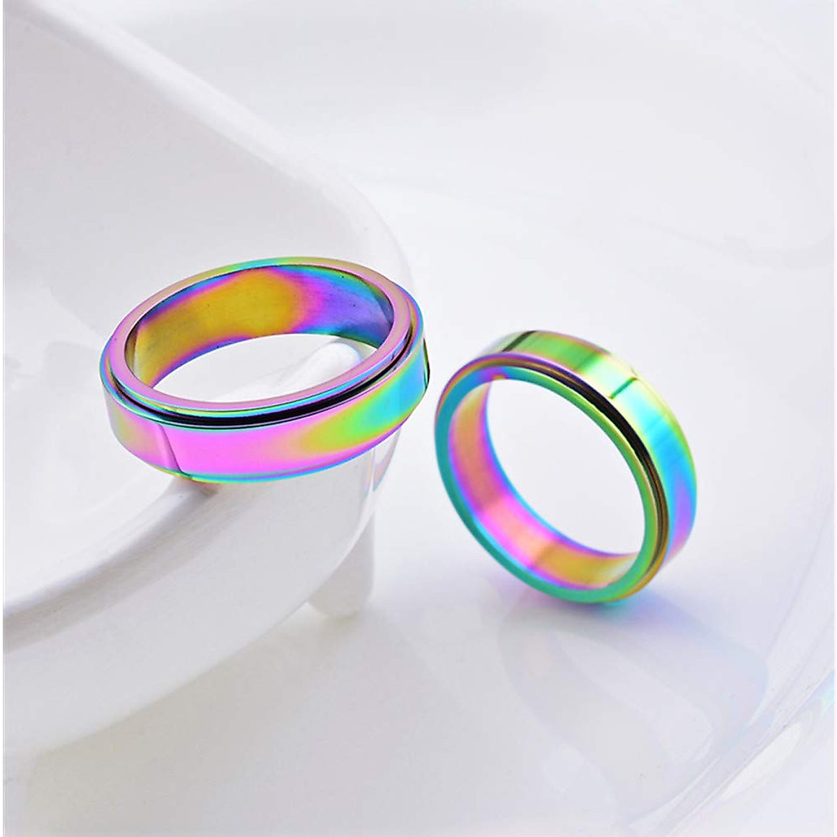 WOYNJI 3Pcs Stainless Steel Fidget Spinner Ring for Women Men Gay Lesbian LGBT Pride Anxiety Stress Relieving Rainbow Size 10