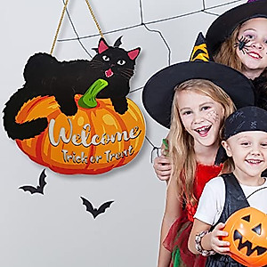 Halloween Decorations, Trick or Treat Sign for Front Door Decor with Light, Wooden Door Hanging Decor with black cat on pumpkin for Home Office School Party Haunted House