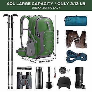 Maelstrom Hiking Backpack,Camping Backpack,40L Waterproof Hiking Daypack with Rain Cover,Lightweight Travel Backpack,Green