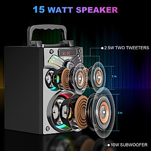Bluetooth Speakers, 15W (20W Peak) Portable Wireless Loud Indoor Outdoor Small Party Bluetooth Speaker with Subwoofer, FM Radio, Remote, Colorful Lights and Powerful Stereo Deep Bass Sound Boombox