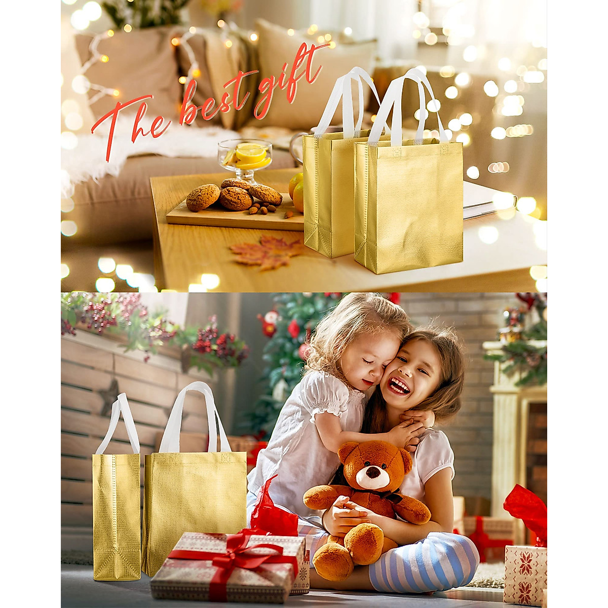 80 Pieces Gift Bags Set Glossy Reusable Tote Bags with Handles Grocery Bags for Wedding, Bachelorette Party, Christmas(Gold)