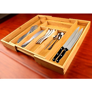 GOGOUP Bamboo Expandable Drawer Organizer for Utensils Holder, Adjustable Cutlery Tray Wood Drawer Dividers Organizer for Silverware Flatware Knives in Kitchen Bedroom Living Room