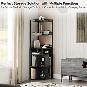 HOOBRO Corner Cabinet with USB Ports and Outlets, Corner Storage Cabinet with Charging Station, Corner Cube Bookshelf, Wooden Display Bookshelf for Small Space, Living Room, Black BK34UCJ01