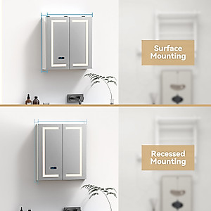 Bathlink Medicine Cabinet with Lights, Lighted Bathroom Medicine Cabinet with Mirror, 24"×26"×5", Built-in Outlet, Temperature&Time Display, Recessed&Surface Mount, Defog