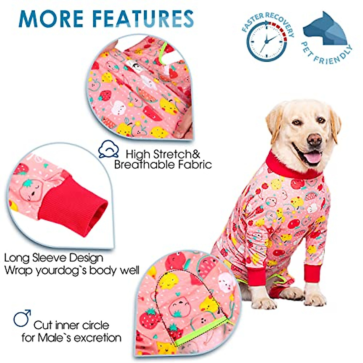 AOFITEE Dog Recovery Suit After Surgery Dog Onesie, Dog Surgical Recovery Shirt for Abdominal Wounds, Fruits Printed Dog Pajamas Bodysuit for Medium Large Dog Cone Alternative, Full Body for Shedding