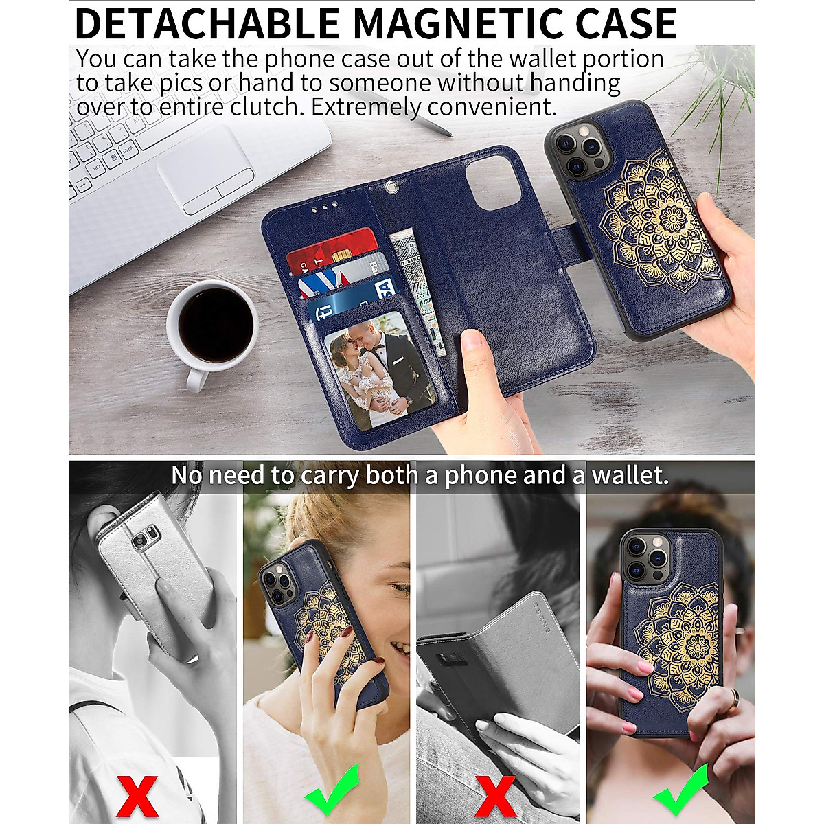 CASEOWL iPhone 12 Pro Max Case Wallet Magnetic Detachable [Support Magnetic Car Mount] with Card Holder,Hand Strap,Embossed Mandala Pattern Leather Lanyard Wallet Case[Navy Blue]