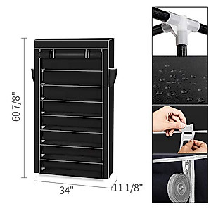 WEI WEI GLOBAL 10-Tier Shoe Rack, 36-45 Paris Shoe Storage Organizer with Dustproof Cover, Shoe Cabinet Tower Shelf Closet, Black