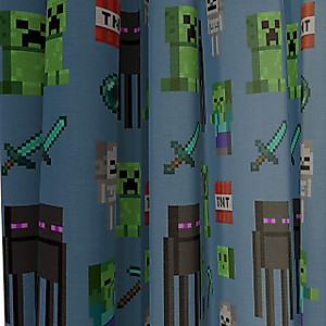 Jay Franco Kids Window Drapes - 4 Piece Curtain Set Includes 2 Tiebacks, Beautiful Bedding Room Décor and Easy Set Up, Blue - Minecraft, 63 Inch