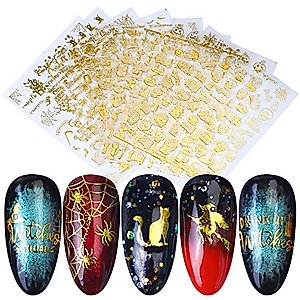 3D Halloween Nail Art Stickers for Women Gold Self-adhesive Nail Decals 9 Sheets Skull Witch Pumpkin Word Cat Ghost Nail Sticker Designs for Halloween Party Favor Supplies Manicure Tips Decorations