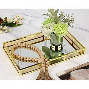 KEZNGUU Decorative Tray,14" Mother of Pearl Serving Tray,Moroccan Style Coffee Table Tray,Perfume Trays for Dresser,Gold Vanity Tray for Bathroom,Living Room,Bedroom,Ottoman,Nightstand,Office