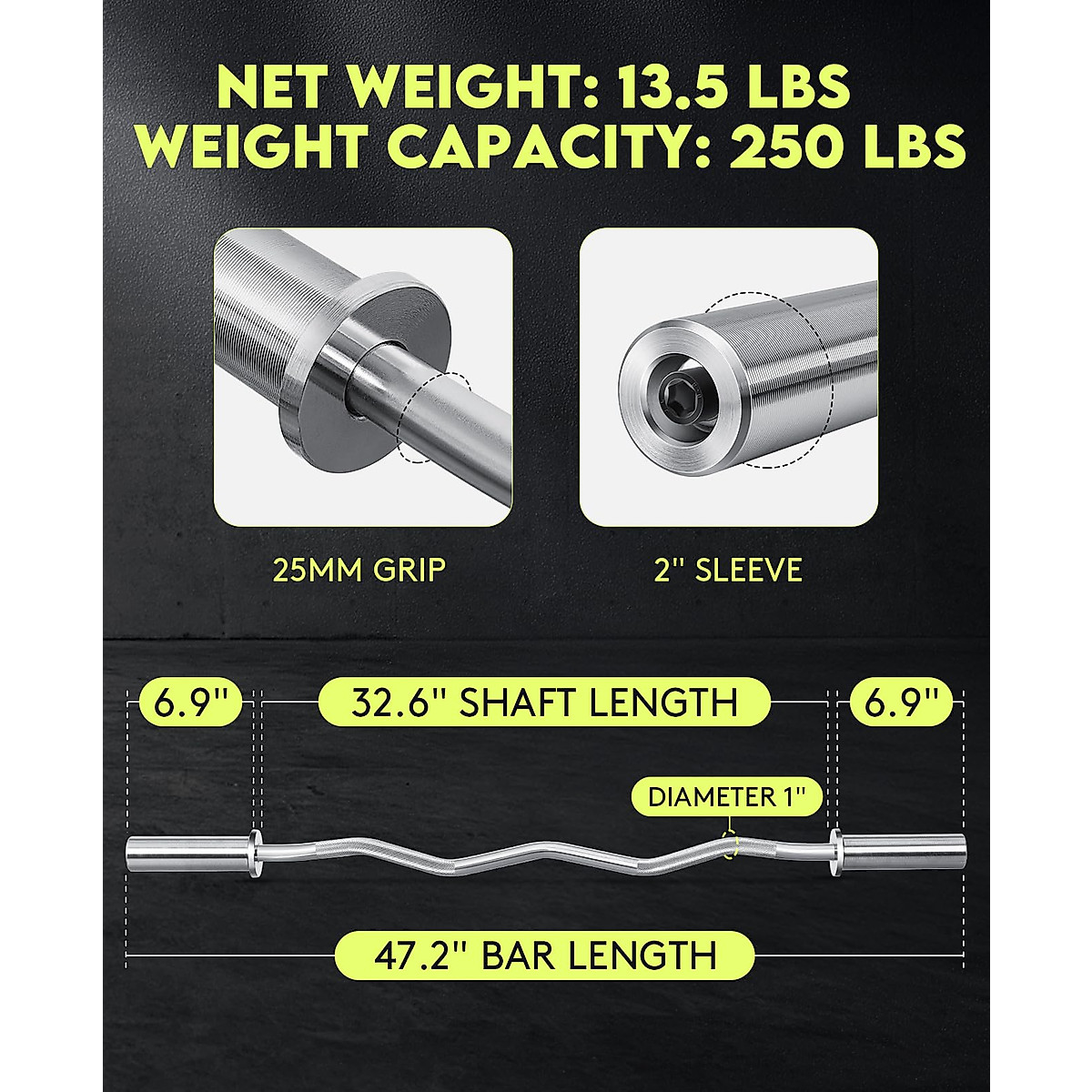 HIRALIY 47" Olympic EZ Curl Barbell Bar for 2-inch Weight Plates Curling Lifting Bicep Curl, 2 Spring Collars Included (Chrome)