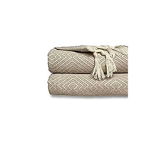 Wellstil Kaira | King Size Cotton Blanket • Vintage Turkish Throw Blankets for Sofa, Couch, Farmhouse and Home Decor • Boho Woven Bedspread • Cozy Breathable Bed Blanket 80x100 inches (Beige)