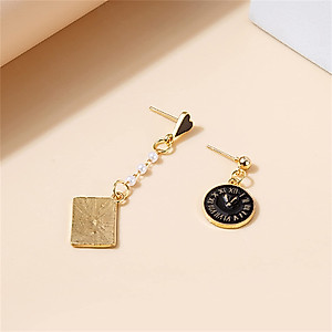 MALOYANVE Asymmetric Clock Poker Dangle Earrings Creative Playing Cards Red Hearts A Long Pentagram Alarm Clock Drop Earrings for Women Birthday Gambling Casino Jewelry Gifts (Black)