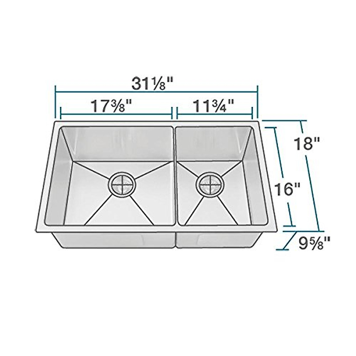 MR Direct 3160L-14 Stainless Steel Undermount 31-1/8 in. Double Bowl Kitchen Sink, 31" 60/40