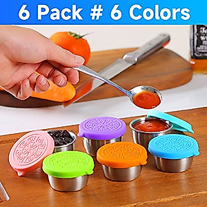 6 Pack 1.6 OZ Salad Dressing Containers To Go, Advanced Stainless Steel Condiment Containers with Silicone Lids Easy to Open, Leakproof colorful Compact Salad Sauce Cups Easy to Carry Everyday