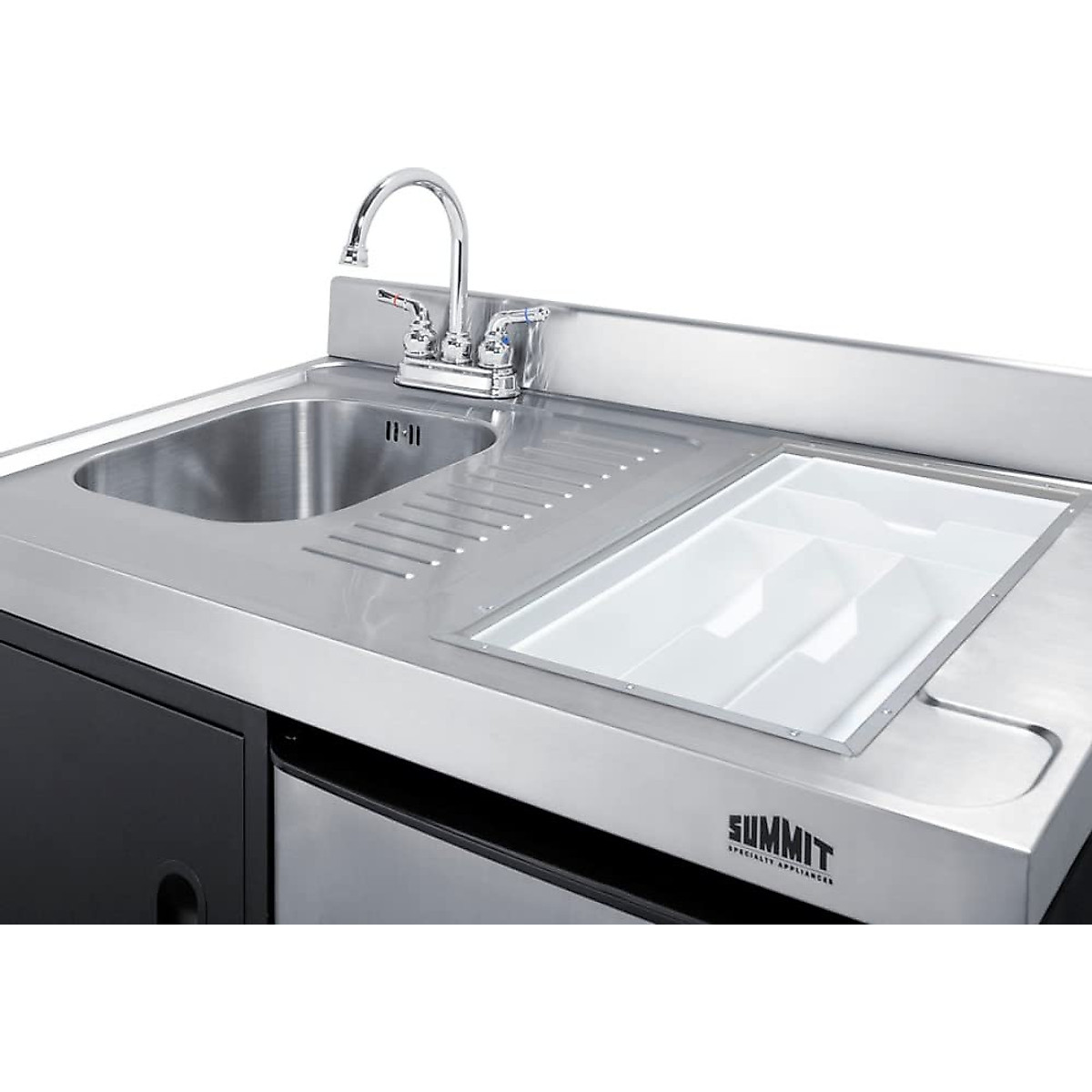 Summit Appliance ACK63ELSTB 64" Wide All-in-one Kitchenette with 4-Burner 220V Smooth-top Electric Range, Refrigerator-Freezer Sink, Cutting Board and Cutlery Storage, and Storage Cabinet