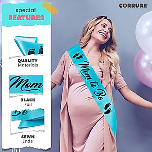CORRURE Baby Shower Mom to Be Sash for Boy or Girl - Beautiful Blue Ribbon Sash and Black Foil Text - Ideal Gender Reveal, Baby Shower Favors, Welcome Baby, Mom to Be or Baby Sprinkle Gift