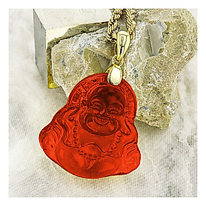 Happy Laughing Buddha Red Jade Pendant Necklace Figaro Gold Chain Genuine Certified Grade A Jadeite Jade Hand Crafted, Jade Necklace, 14k Gold Filled Laughing Jade Buddha necklace, Jade Medallion Red